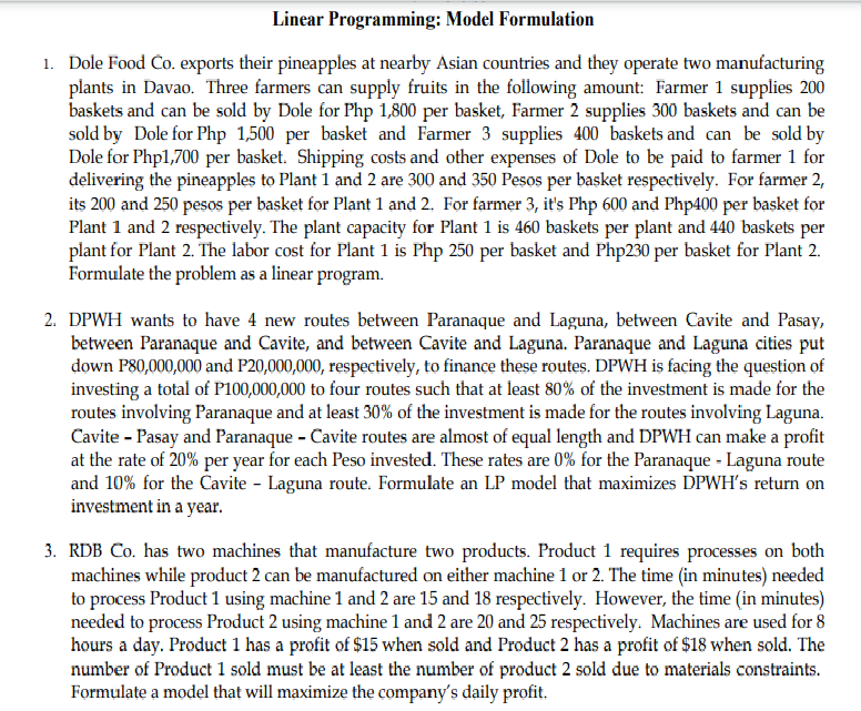 Solved Linear Programming: Model Formulation 1. Dole Food | Chegg.com