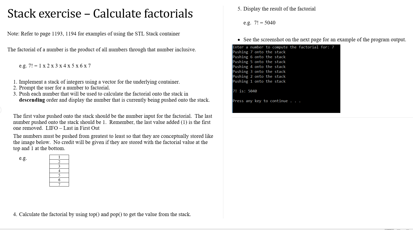 Solved 5. Display the result of the factorial Stack exercise | Chegg.com
