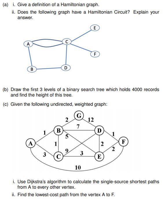 Solved (a) i. Give a definition of a Hamiltonian graph. ii. | Chegg.com