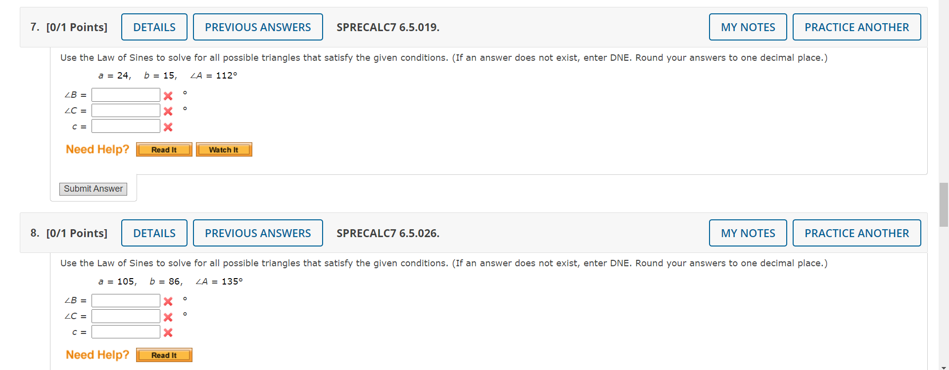 Solved a=24,b=15,∠A=112∘∠B=1∠C=c= [0/1 Points] SPRECALC7 | Chegg.com