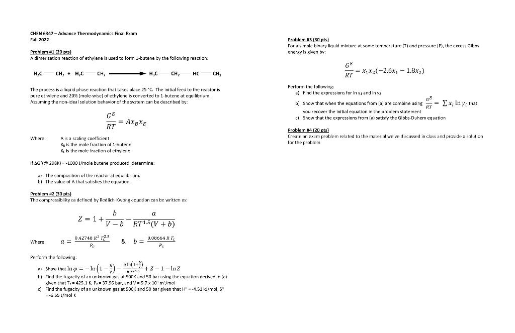 Solved CHEN 6347 - Advance Thermodynamics Final Exam Fall | Chegg.com