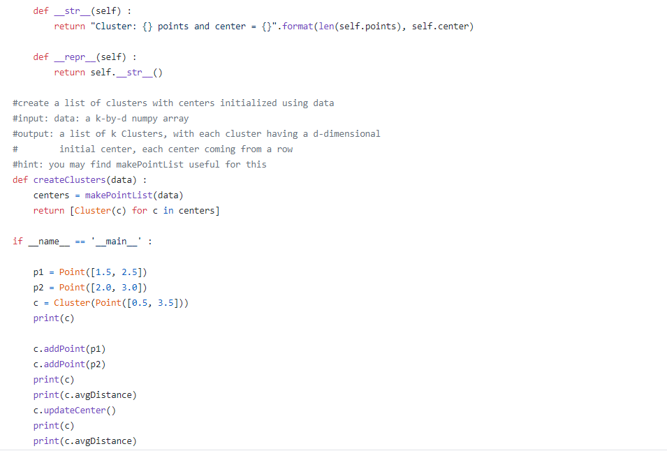 Solved Complete the missing portions of the Cluster class, | Chegg.com