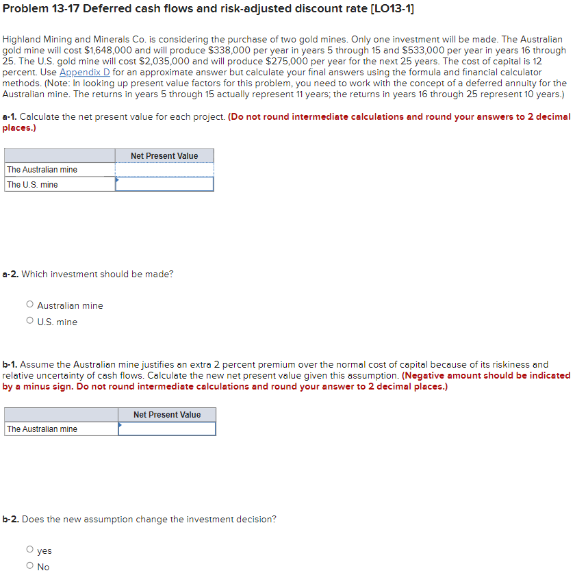 Solved Problem 13-17 Deferred cash flows and risk-adjusted | Chegg.com