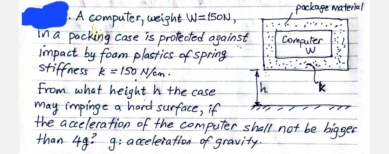 Solved A computer, weight W=150 N, in a packing case is | Chegg.com