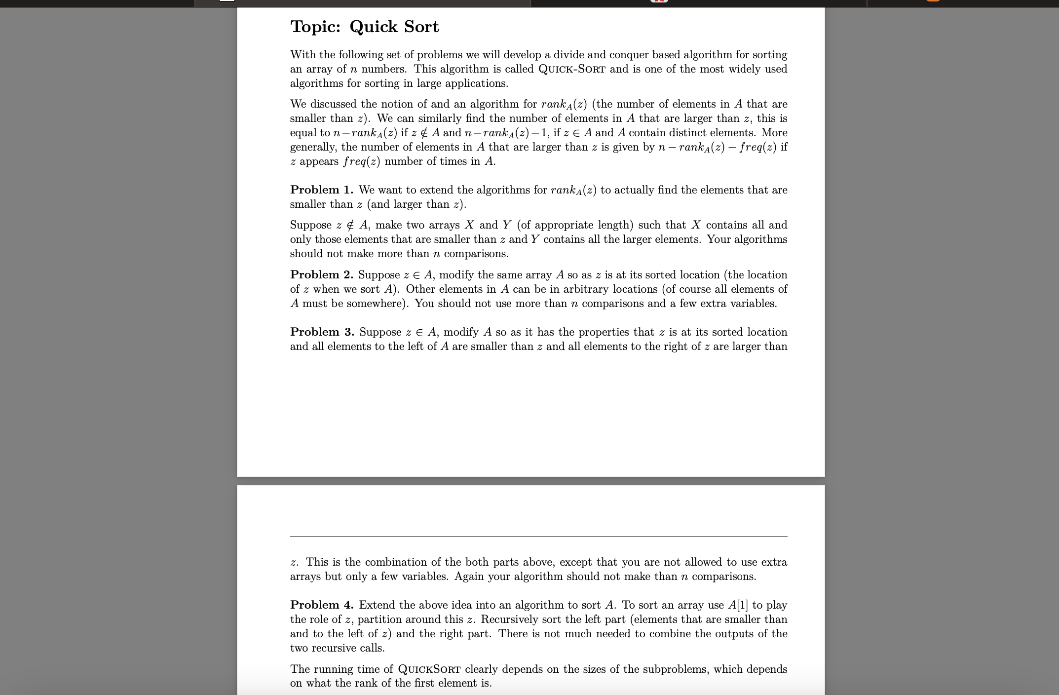 Solved Topic: Quick SortWith the following set of problems | Chegg.com