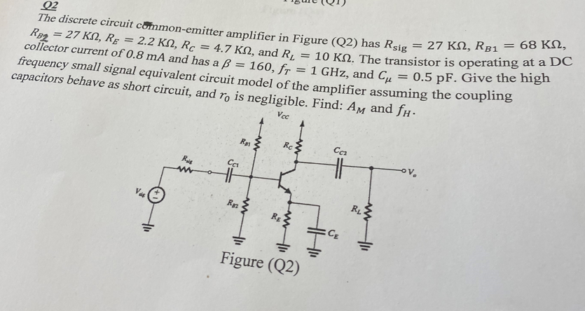 Solved Q2 The discrete circuit common-emitter amplifier in | Chegg.com