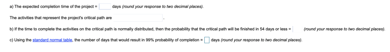 Solved a) The expected completion time of the project = days | Chegg.com