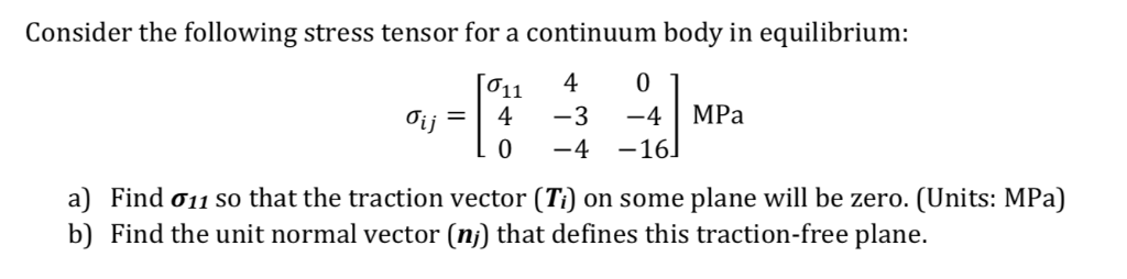 Solved Consider the following stress tensor for a continuum | Chegg.com