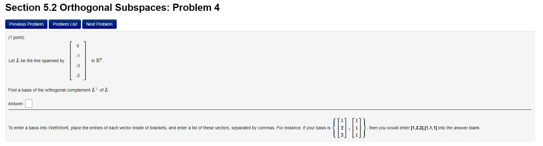 Solved Section 5.2 Orthogonal Subspaces: Problem 4 Previous | Chegg.com