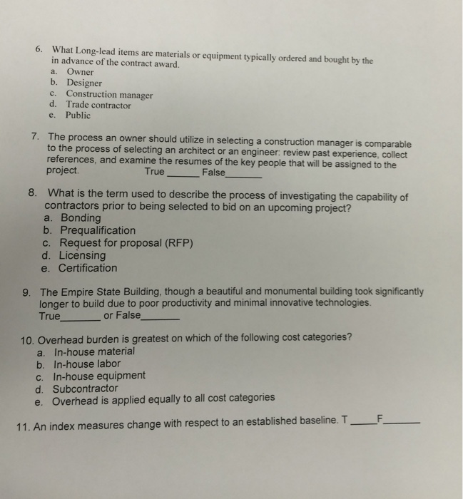 Solved What Long-lead items are materials or equivalent | Chegg.com