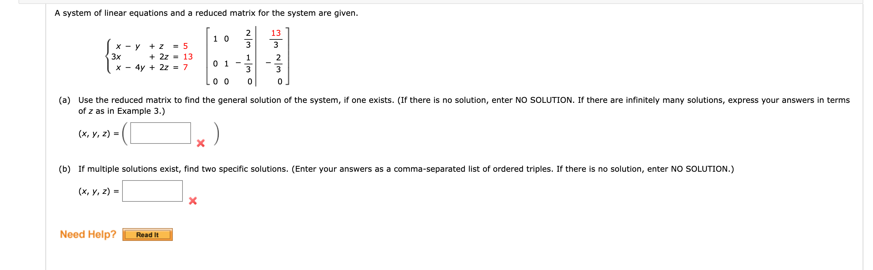 Solved A system of linear equations and a reduced matrix for | Chegg.com