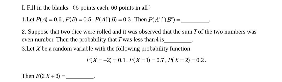 Solved I. Fill in the blanks ( 5 points each, 60 points in | Chegg.com