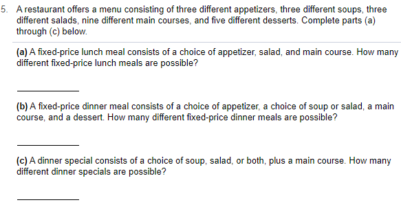 Solved 5. A restaurant offers a menu consisting of three | Chegg.com