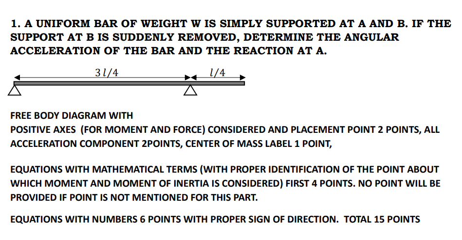 Solved 1. A UNIFORM BAR OF WEIGHT W IS SIMPLY SUPPORTED AT A | Chegg.com
