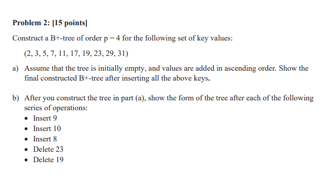 Solved Problem 2: [15 points) Construct a B+-tree of order p | Chegg.com