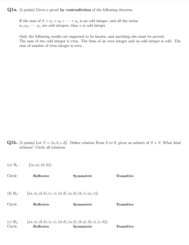 Solved Q1a. [3 points ] Given a proof by contradiction of | Chegg.com