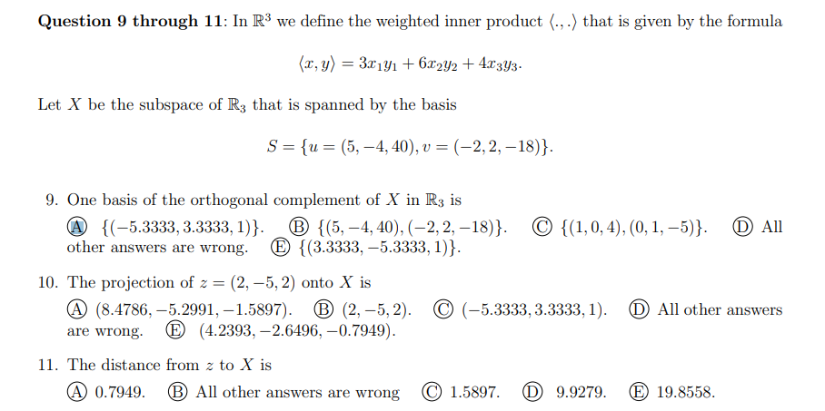 Question 9 through 11: In \\( \\mathbb{R}^{3} \\) we | Chegg.com
