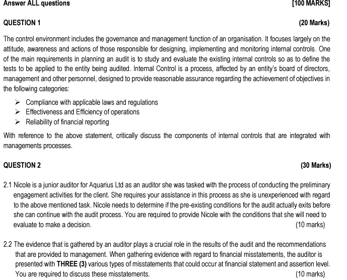 [Solved]: QUESTION 1 (20 Marks) The control environment inc