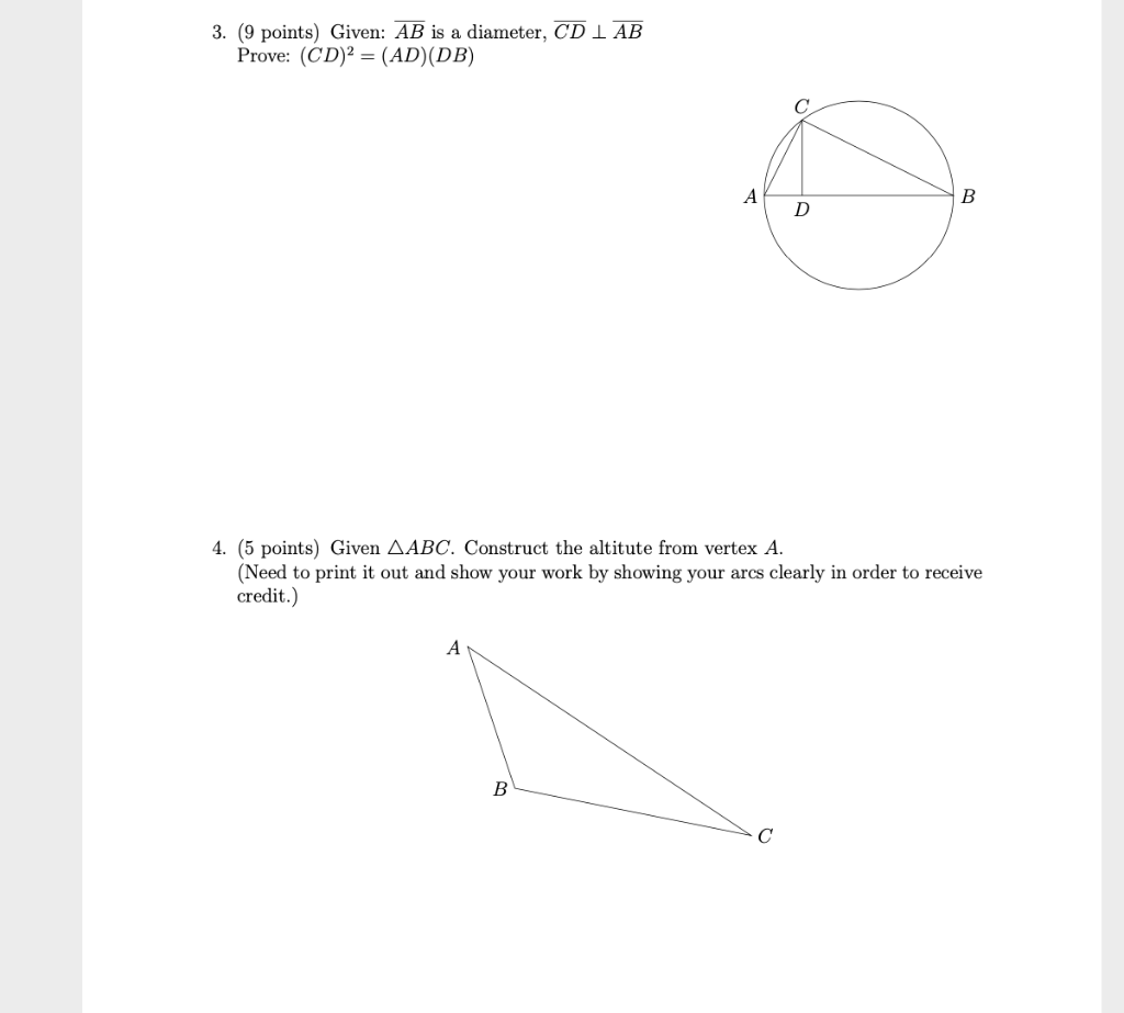Solved 3. (9 points) Given: AB is a diameter, CDI AB Prove: | Chegg.com