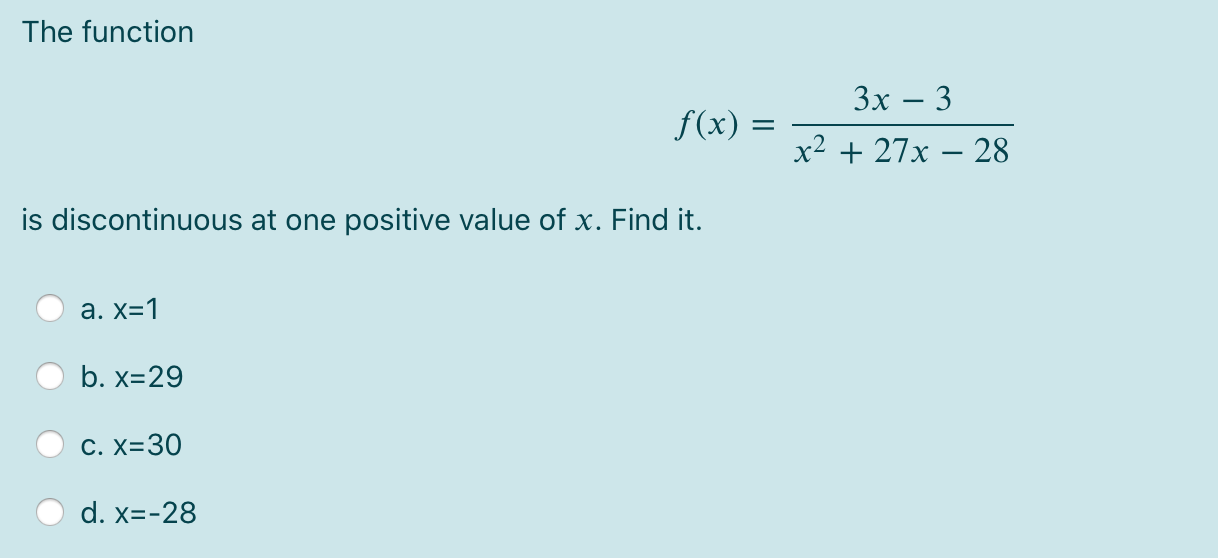 Solved The function 3x – 3 f(x) = x2 + 27x – 28 is | Chegg.com