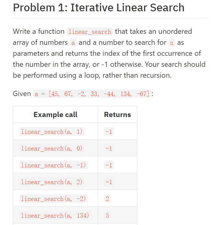 Solved Problem 1: Iterative Linear Search Write a function | Chegg.com