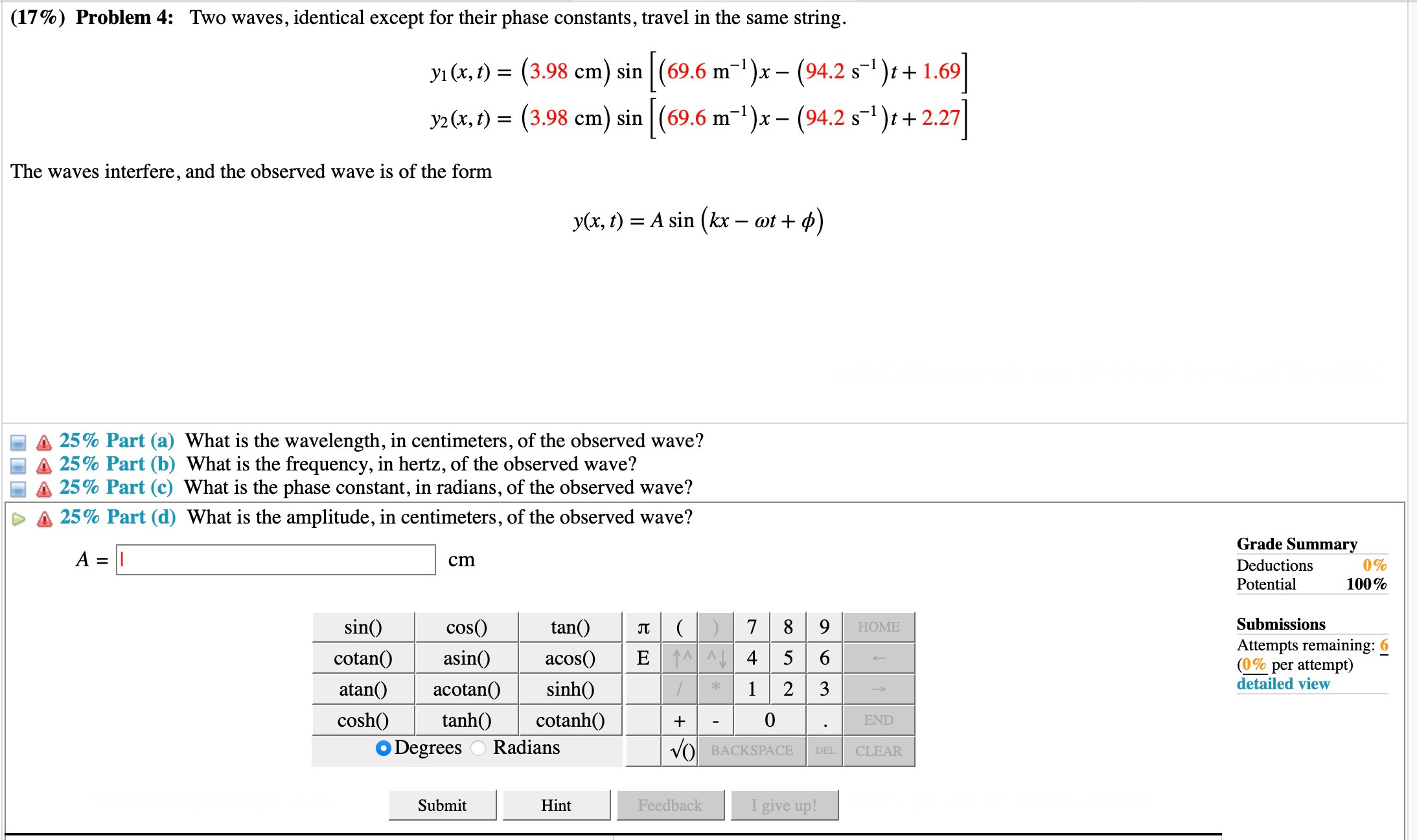 Solved y1(x,t)=(3.98 cm)sin[(69.6 m−1)x−(94.2 | Chegg.com