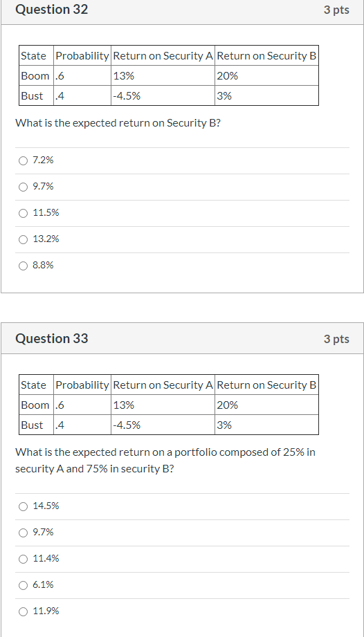 Solved Question 32 3 pts State Probability Return on | Chegg.com