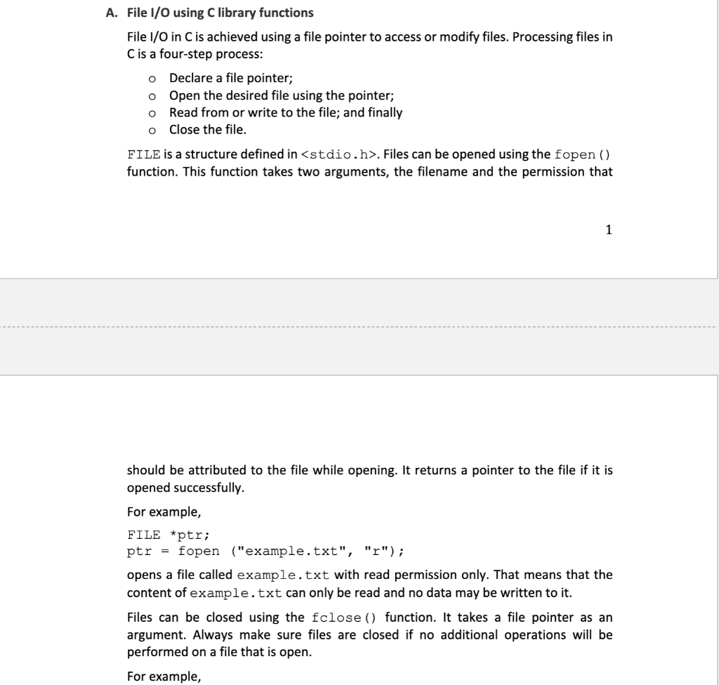 Solved A. File 1/0 using C library functions File I/O in C | Chegg.com