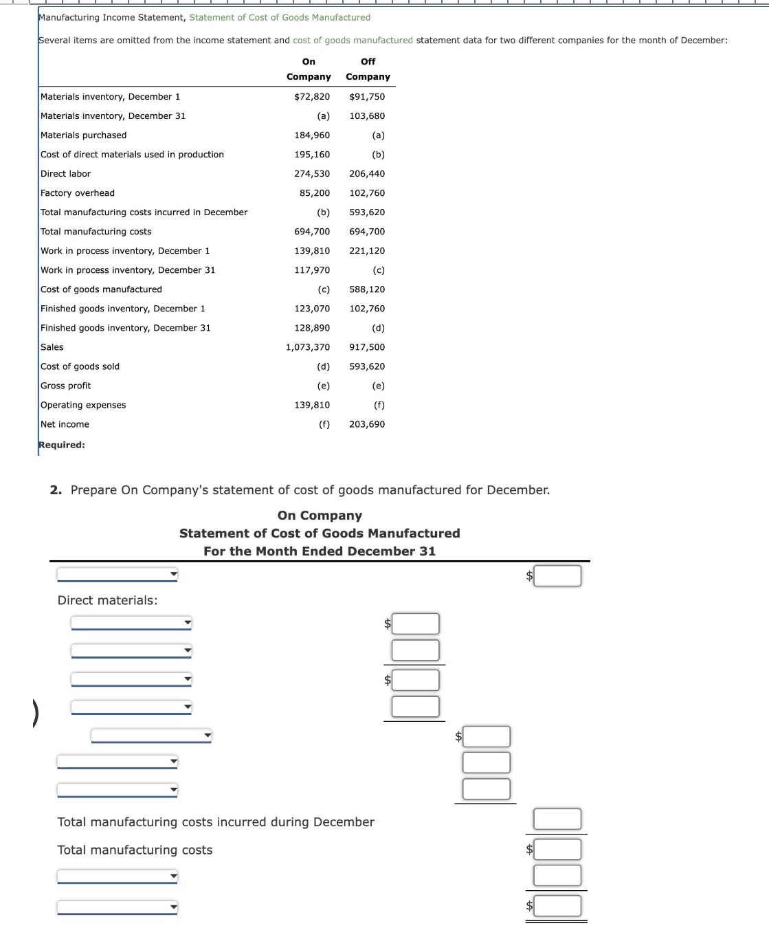 Solved Manufacturing Income Statement, Statement of Cost of | Chegg.com