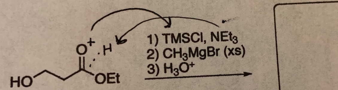 Solved ох HE 1) TMSCI, NEtz 2) CH3MgBr (xs) 3) H3O+ HO OEt | Chegg.com