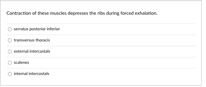 [Solved]: Contraction of these muscles depresses the ribs