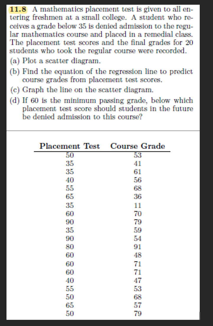 Solved 11.8 A mathematics placement test is given to all en- | Chegg.com