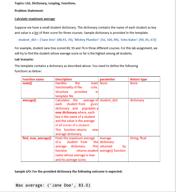 Solved Topics: List, Dictionary, Looping, Functions. Problem | Chegg.com