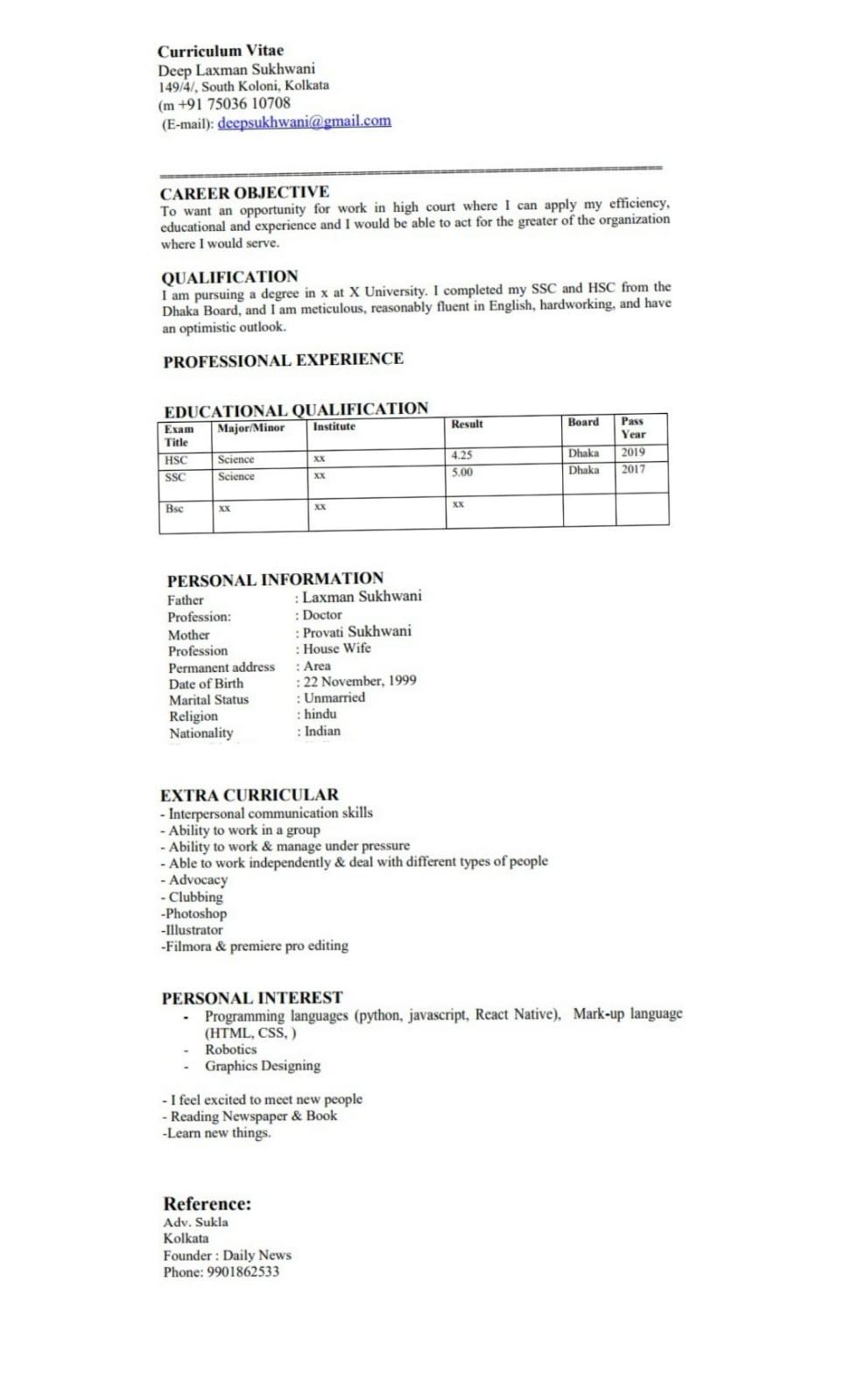 Solved Curriculum Vitae Deep Laxman Sukhwani 149/4/, South | Chegg.com