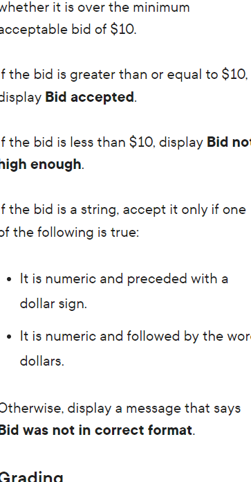 Solved If the bid is a string, accept it only if one of the | Chegg.com