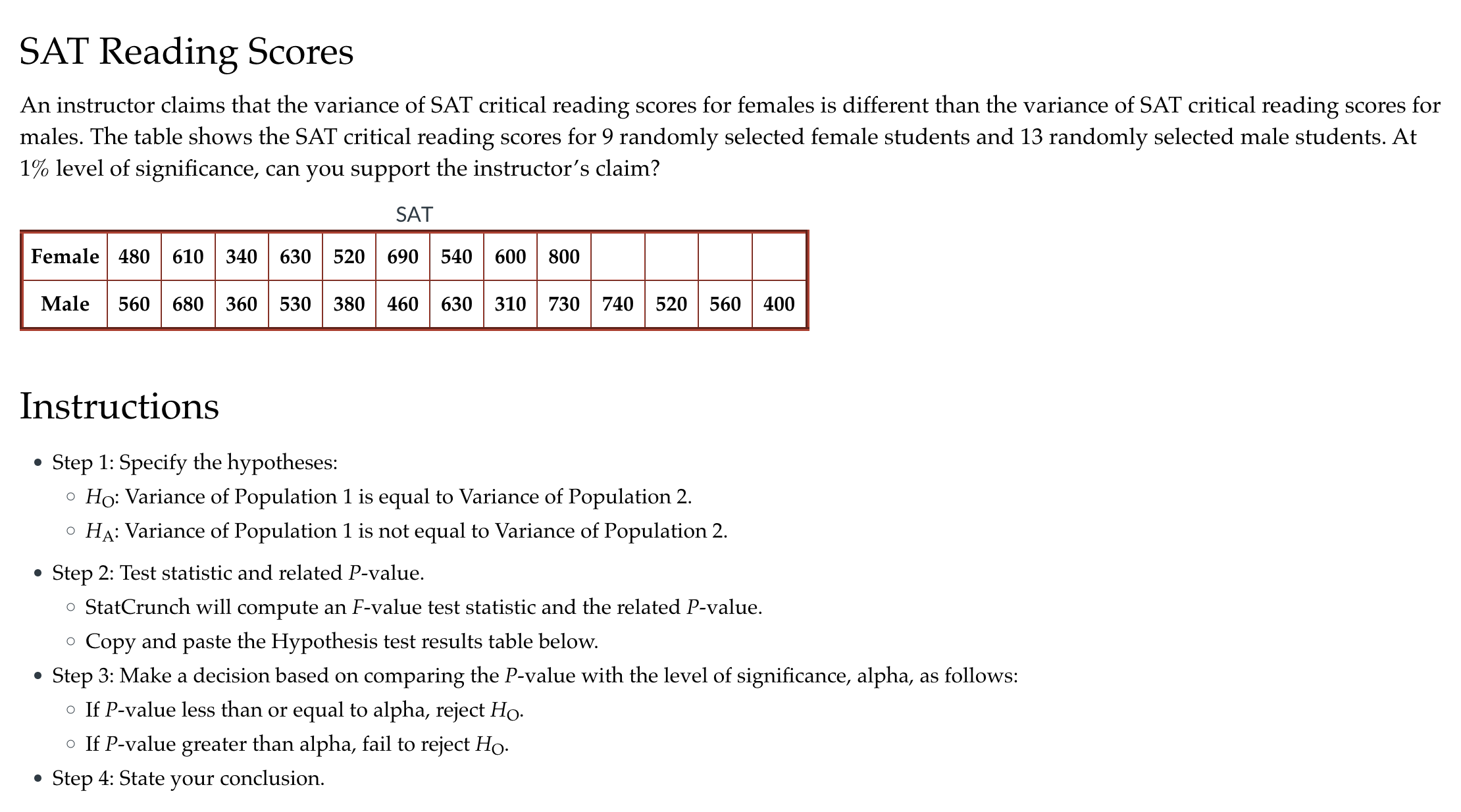Solved SAT Reading Scores An instructor claims that the | Chegg.com