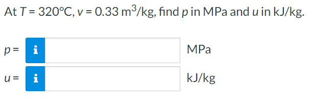 Solved At T=320∘C,v=0.33 m3/kg, find p in MPa and u in | Chegg.com