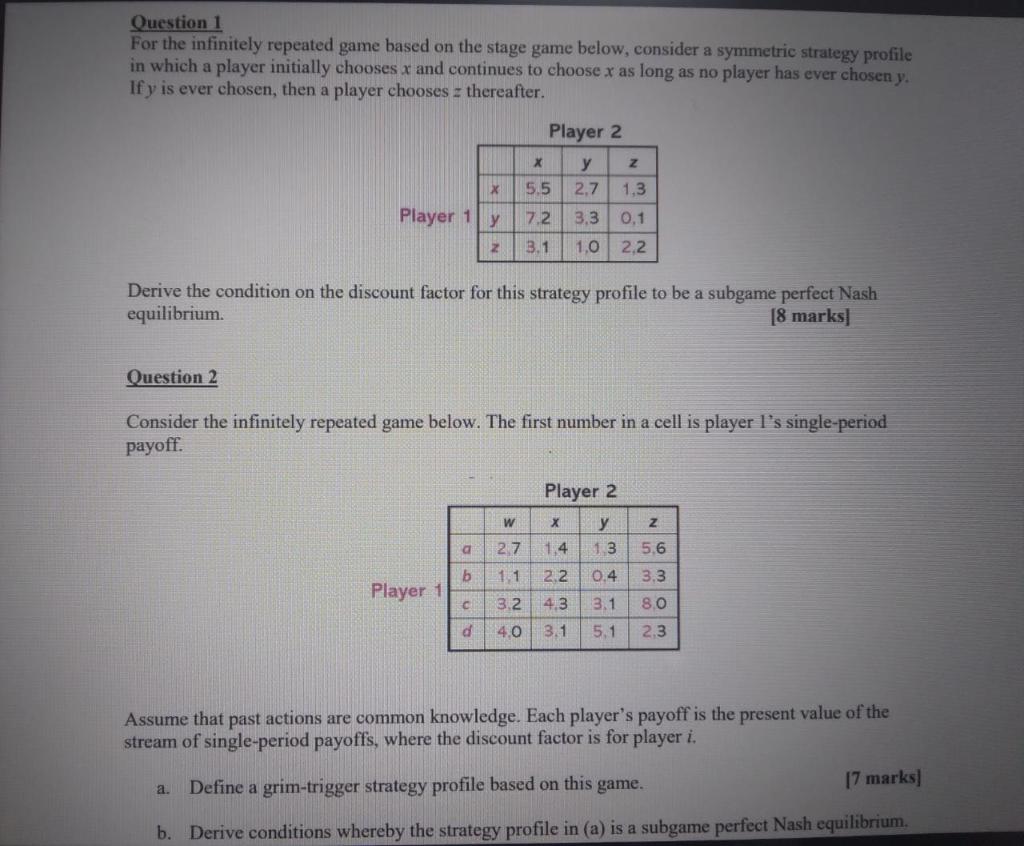 Solved Question 1 For the infinitely repeated game based on | Chegg.com