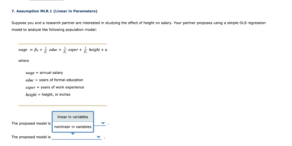 Solved 7. Assumption MLR.1 (Linear in Parameters) Suppose | Chegg.com