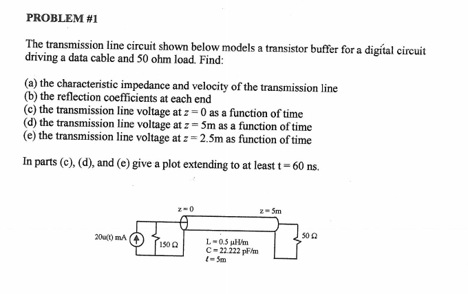 Solved PROBLEM #1 The transmission line circuit shown below | Chegg.com
