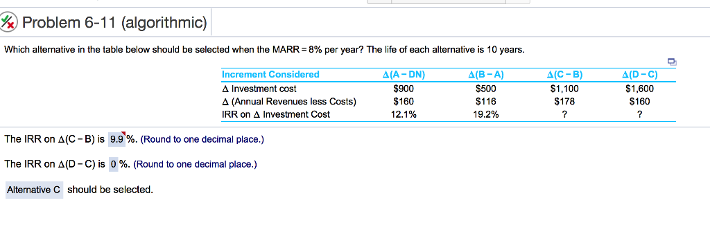 Solved Problem 6-11 (algorithmic) Which alternative in the | Chegg.com