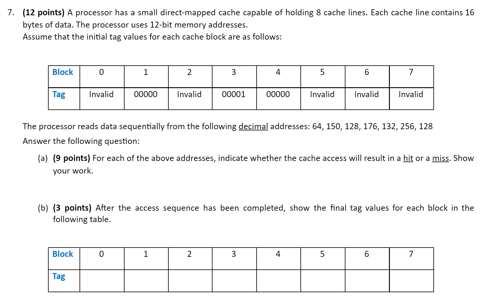 Solved 7. (12 points) A processor has a small direct-mapped | Chegg.com