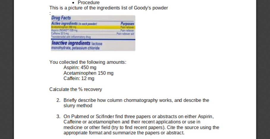 Procedure This is a picture of the ingredients list | Chegg.com