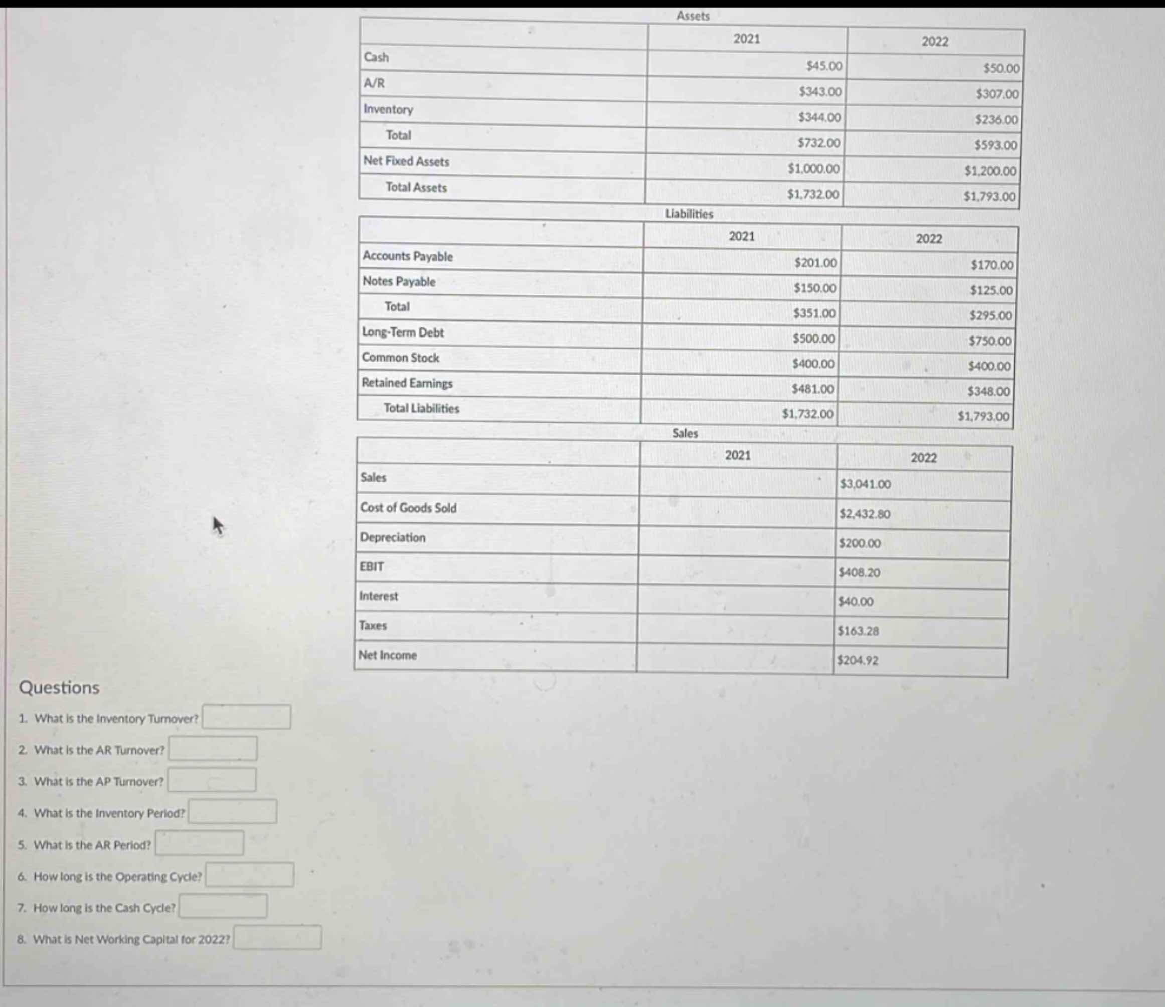 \table[[Assets],[,=,2021,2022],[Cash,,$45.00,$50.00 | Chegg.com