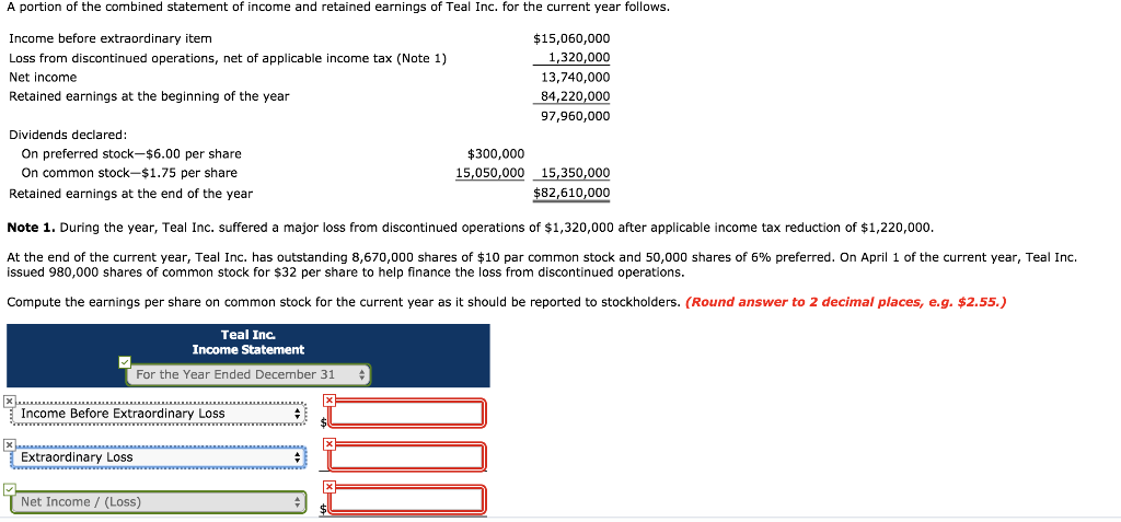 Solved A portion of the combined statement of income and | Chegg.com