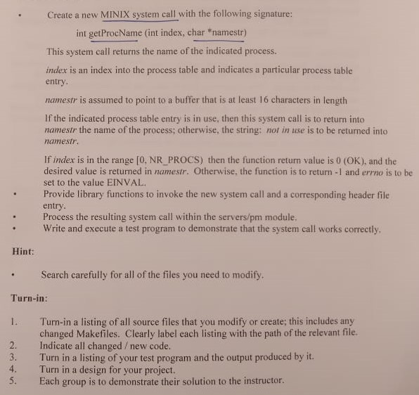 (Solved) : Create New Minix System Call Following Signature Int Getprocname Int Index Char ...