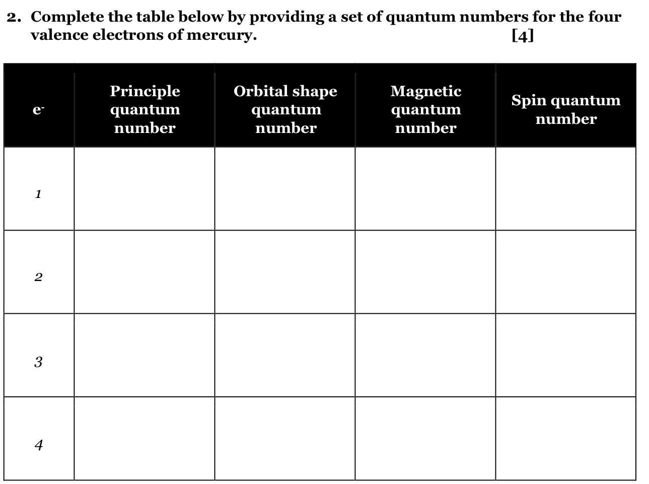 Solved 2. Complete the table below by providing a set of | Chegg.com
