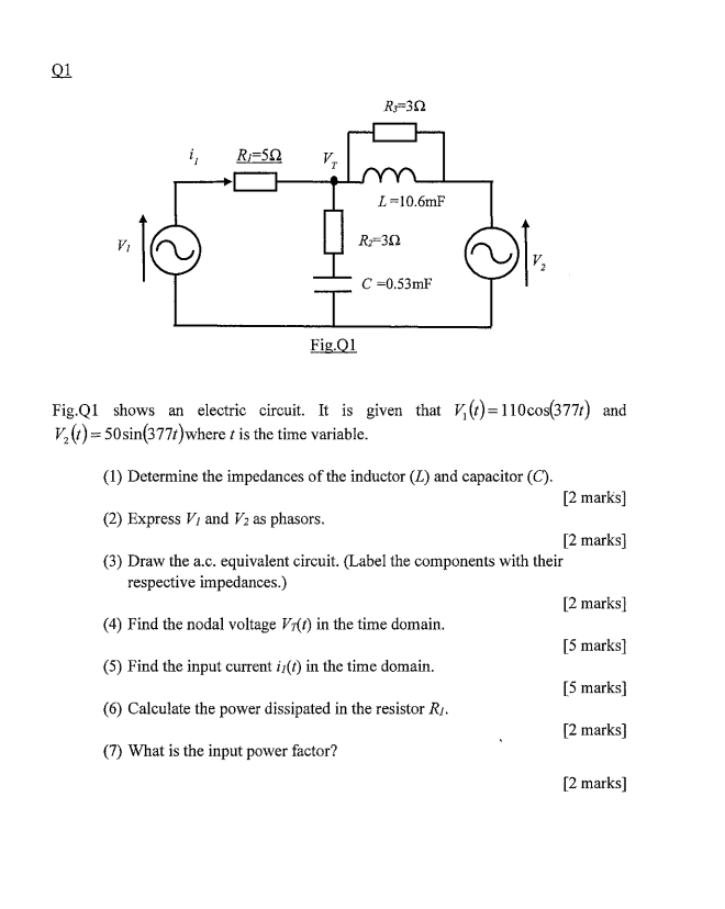 Solved Q1 R=312 R=512 V L=10.6mF R=322 C -0.53mF Fig. 21 | Chegg.com