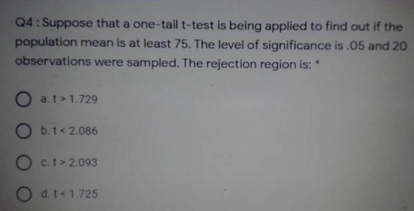Solved Q4:Suppose that a one-tailt-test is being applied to | Chegg.com