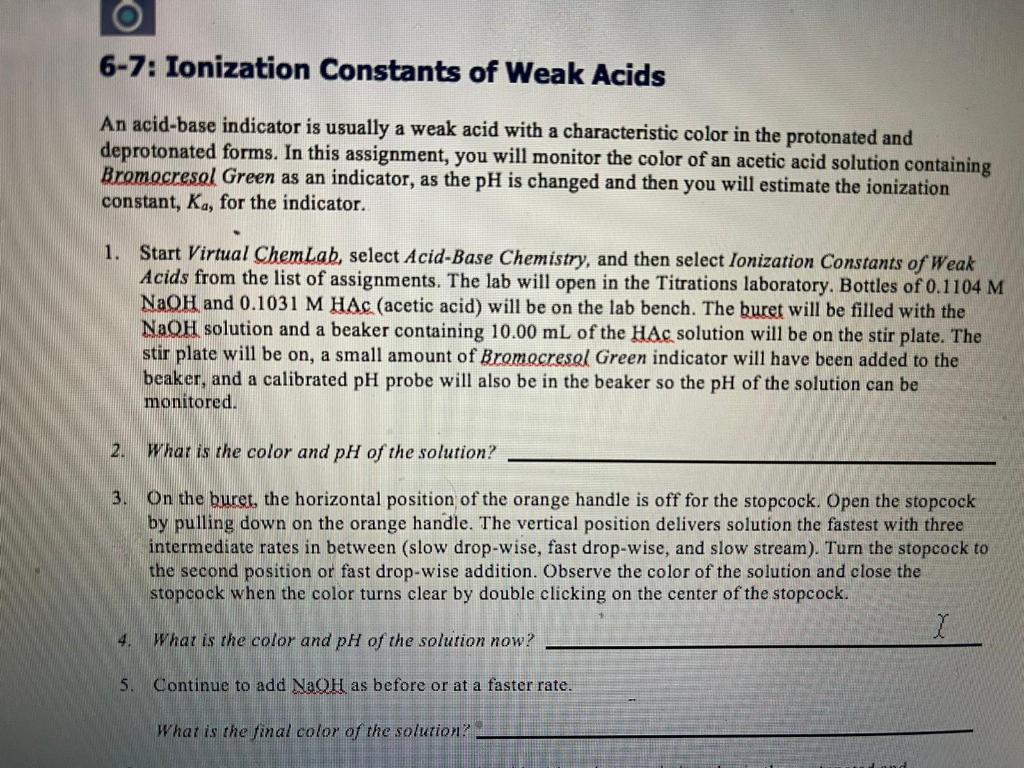 Solved 6-7: Ionization Constants of Weak Acids An acid-base | Chegg.com